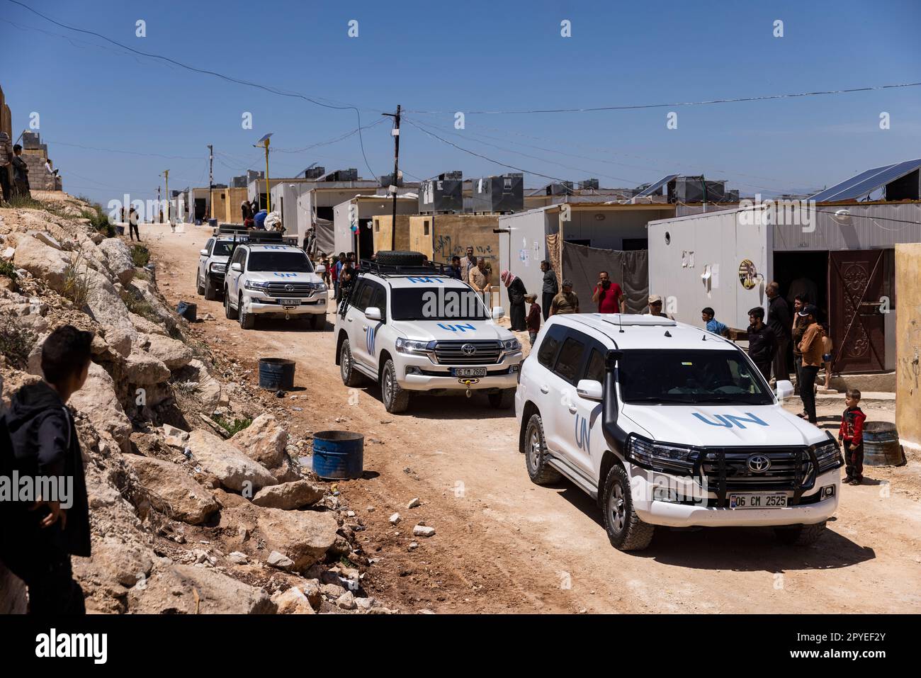 Salqin, Syria. 03rd May, 2023. United Nations vehicles arrive at Al ...