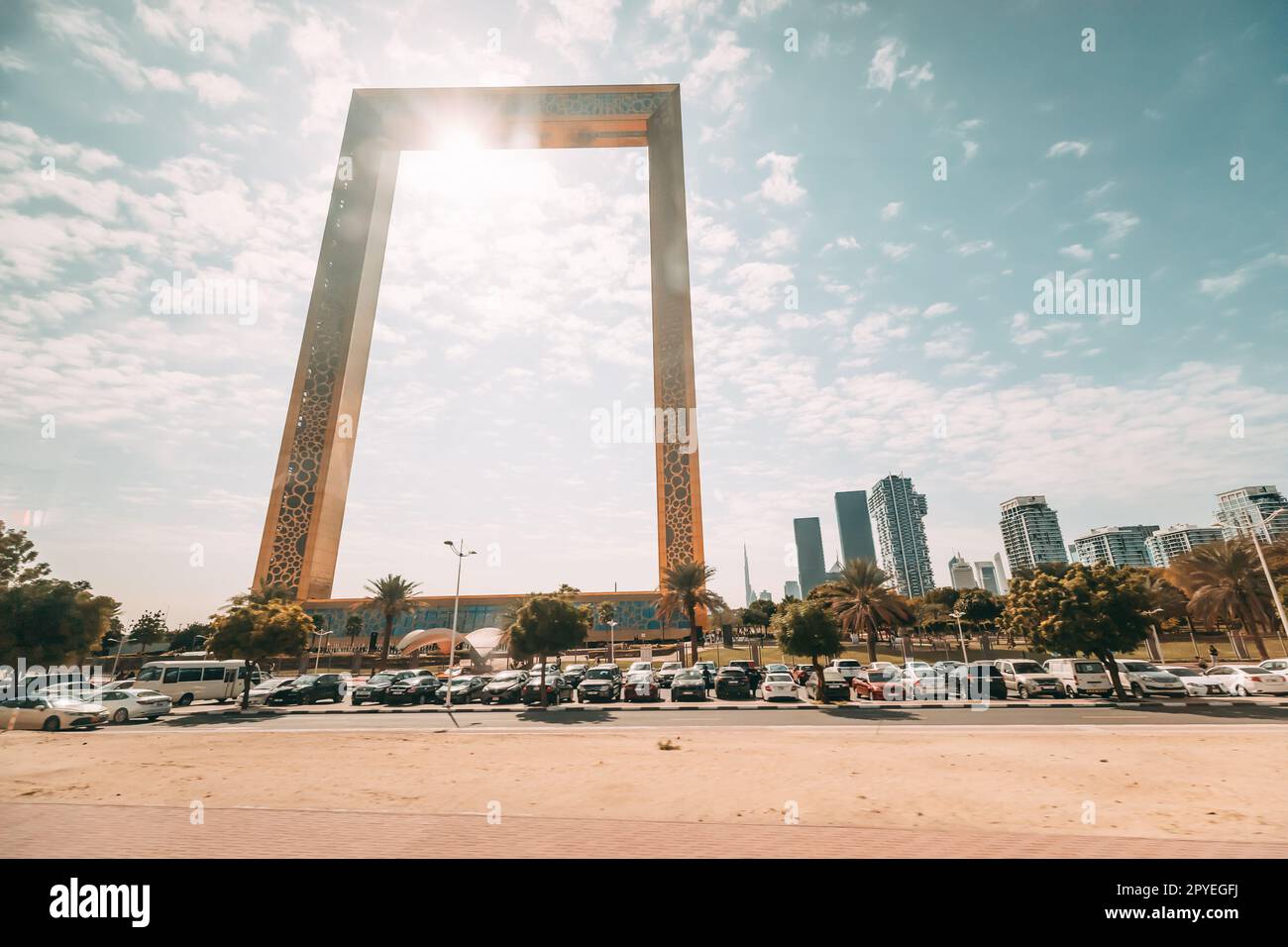 13 January 2023, UAE, Dubai: Dubai frame striking gold color and ...