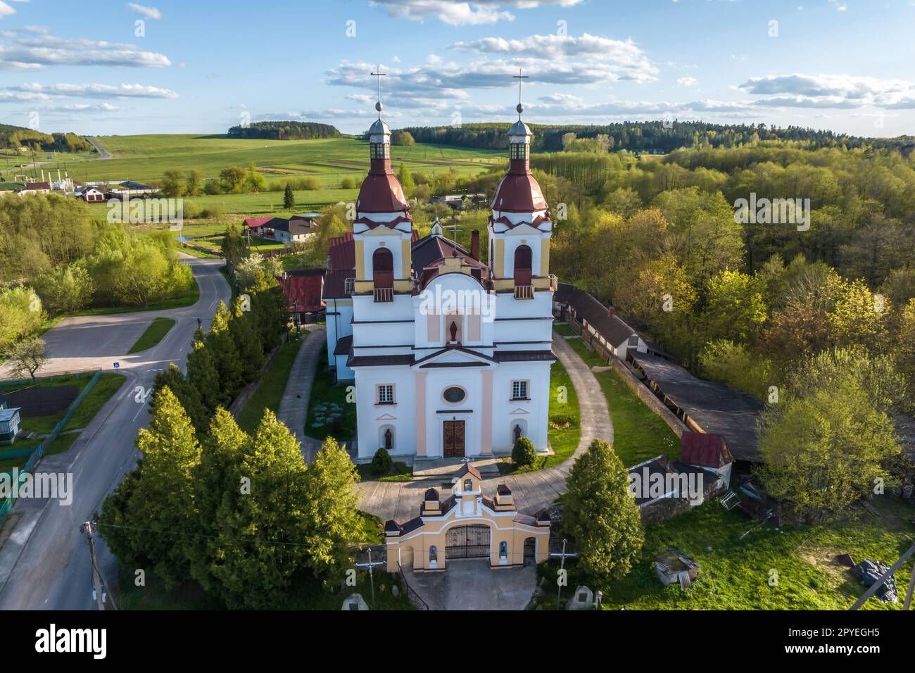 aerial view on baroque or gothic temple or catholic church in ...