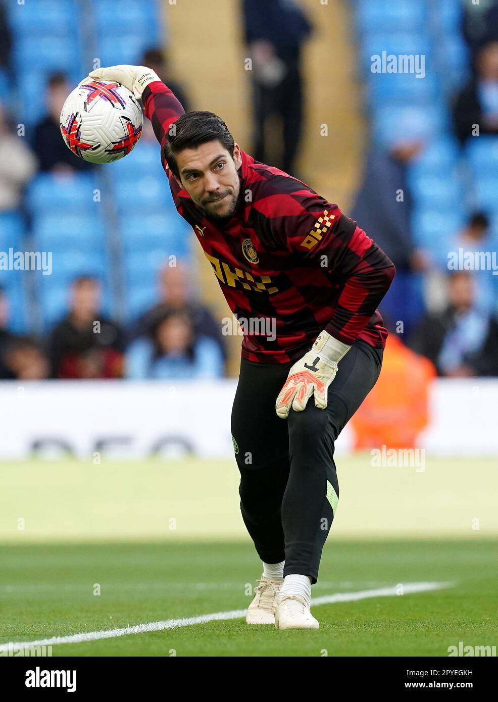 Manchester City goalkeeper Stefan Ortega warming up before the Premier ...