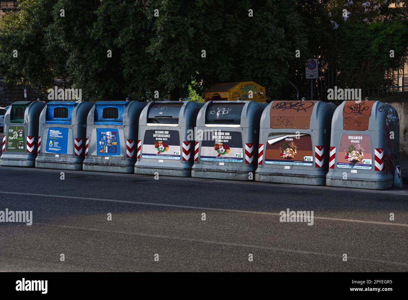 Row of selective waste collection bins in Florence in the historic ...