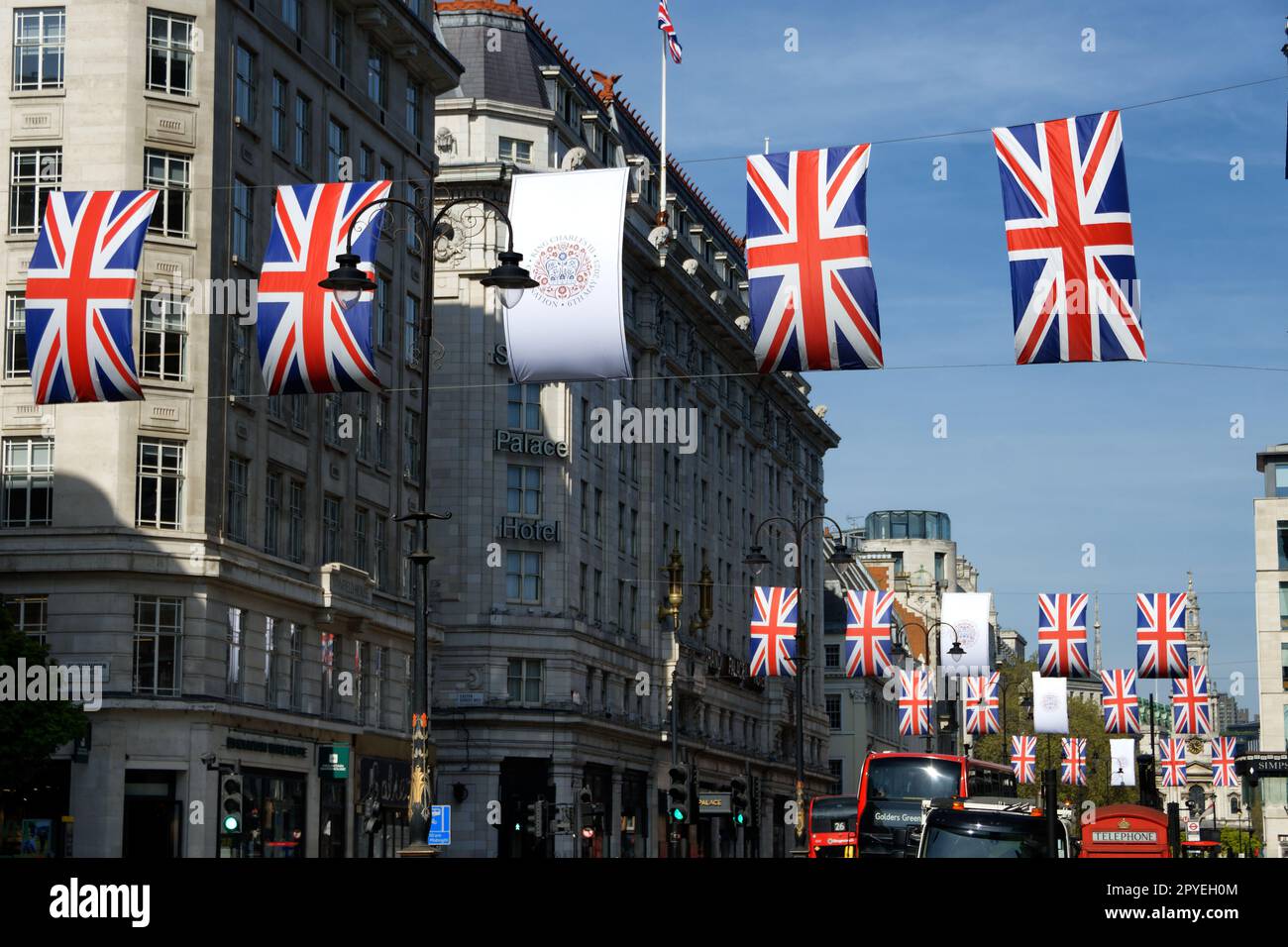A row of flag over the Strand in London, British flag Union jack and ...