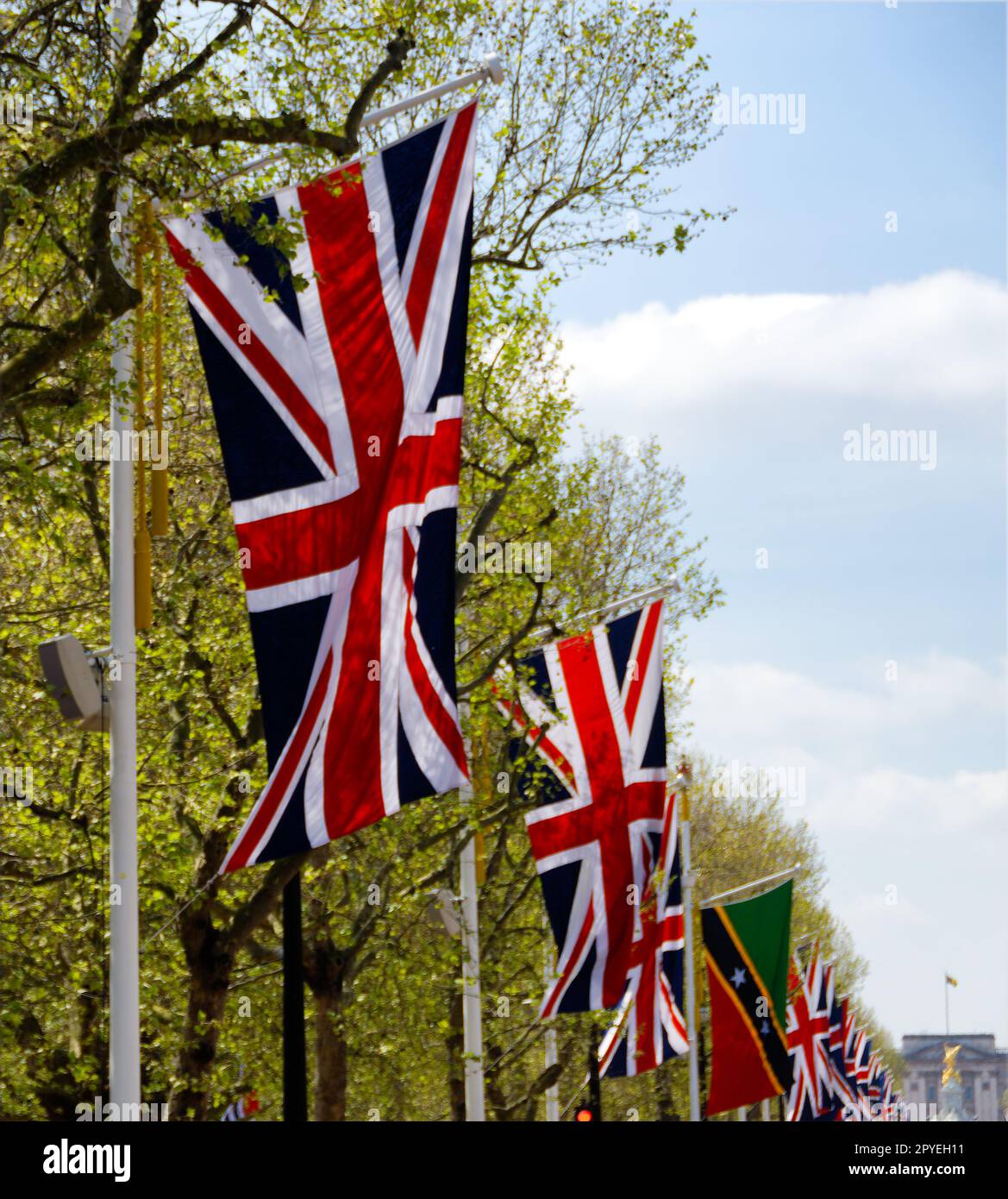 The British flag, the Union Jack, flying in the Mall, the road leading ...