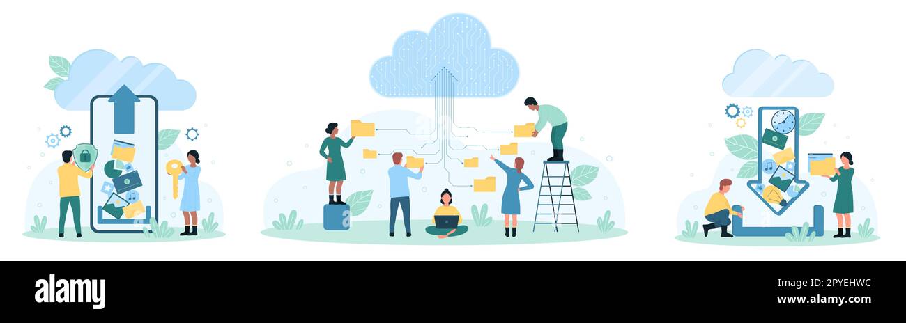Cloud storage for data files set vector illustration. Cartoon tiny people upload digital ...
