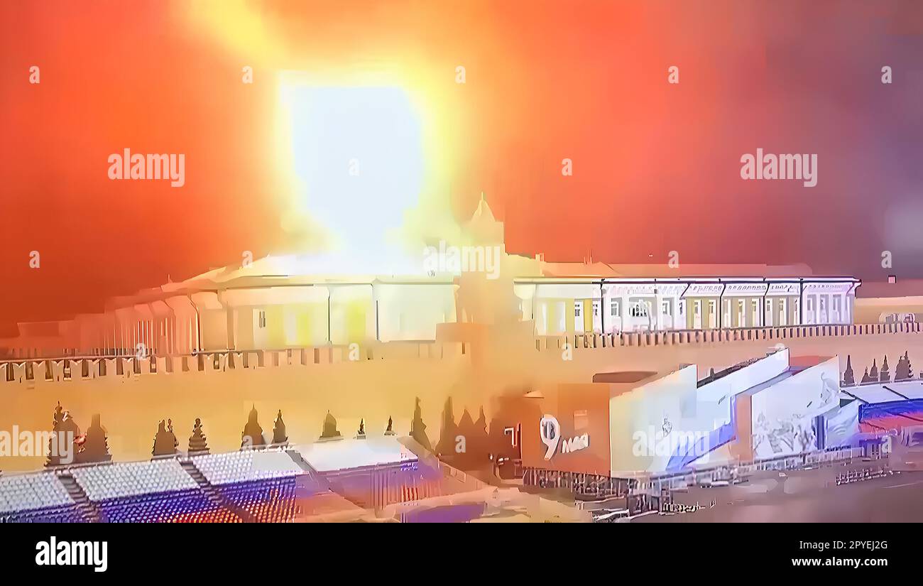 Moscow, Russian Federation. 03rd May, 2023. CCTV image shows flames and ...