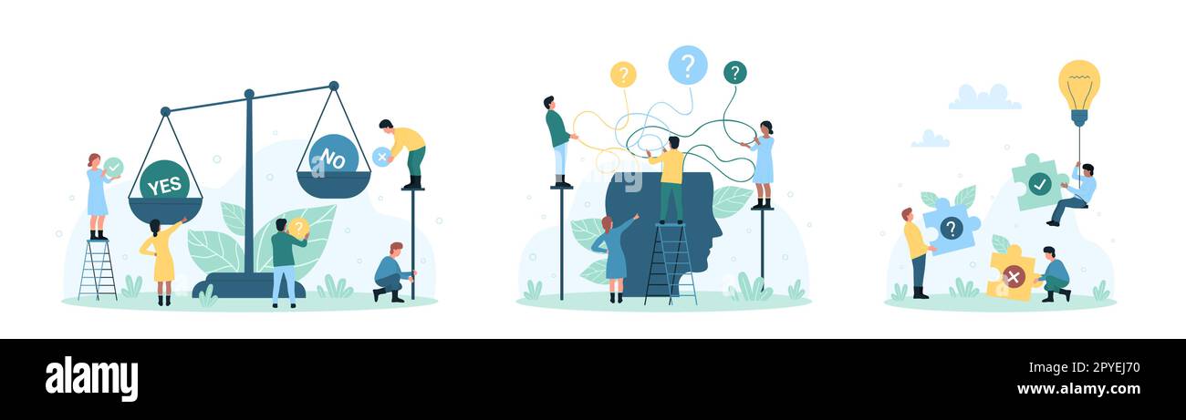 Making decision set vector illustration. Cartoon tiny people compare ...