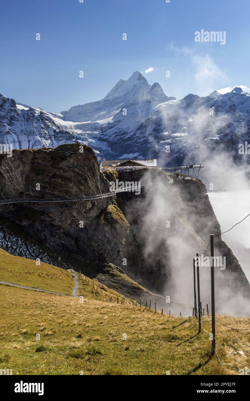 Fog rising to the Sky cliff walk on First peak of Alps mountain at ...
