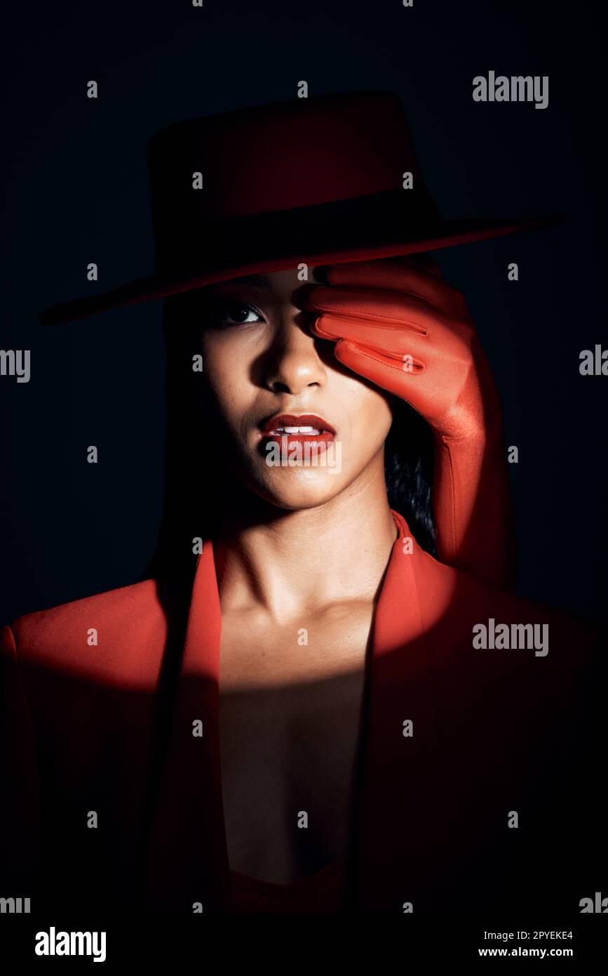 Fashion, beauty and spotlight on face of woman for creative, makeup and ...