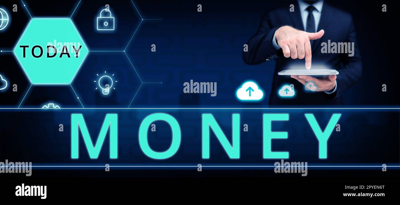 Text caption presenting Money. Word for a current medium of exchange in ...