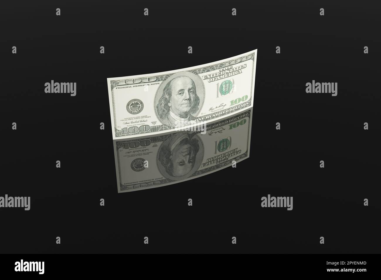 Perfect reflection of an old US 100 dollar bill on black background ...