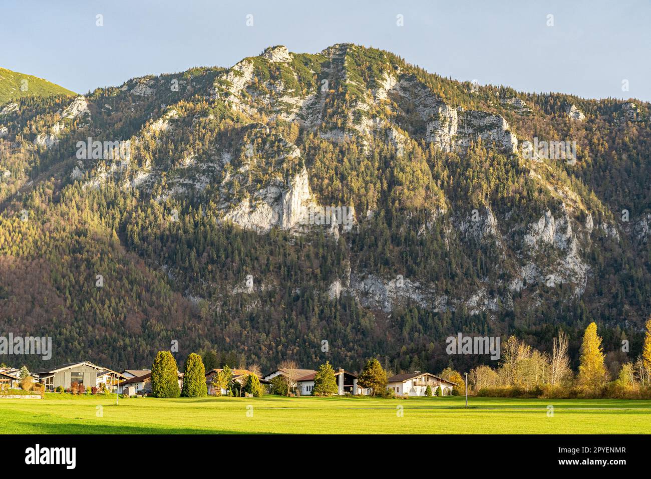 Massive mountain chain, forest and meadows of the German Alps Stock ...