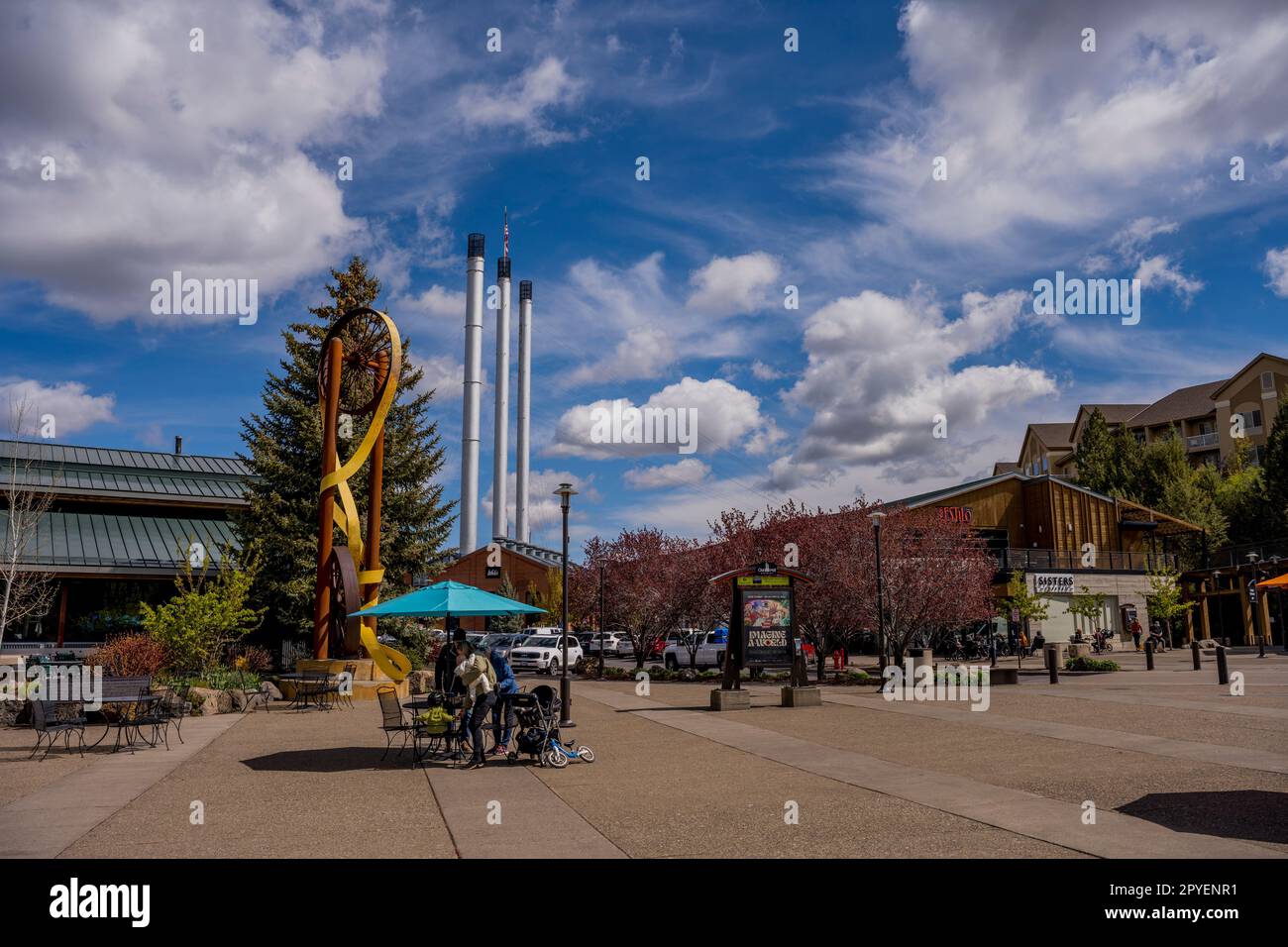 View of an art sculpture in the Old Mill district, a shopping area ...