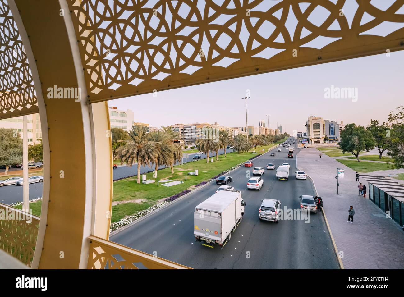 14 January 2023, Abu Dhabi, UAE: Pedestrian crossing bridge over busy ...