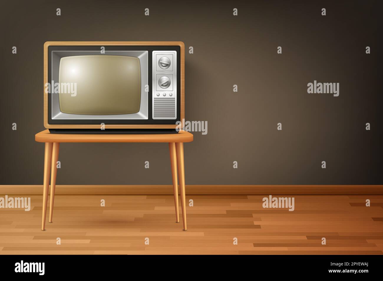 Vector 3d Realistic Retro TV Receiver on Wooden Floor. Home Interior ...