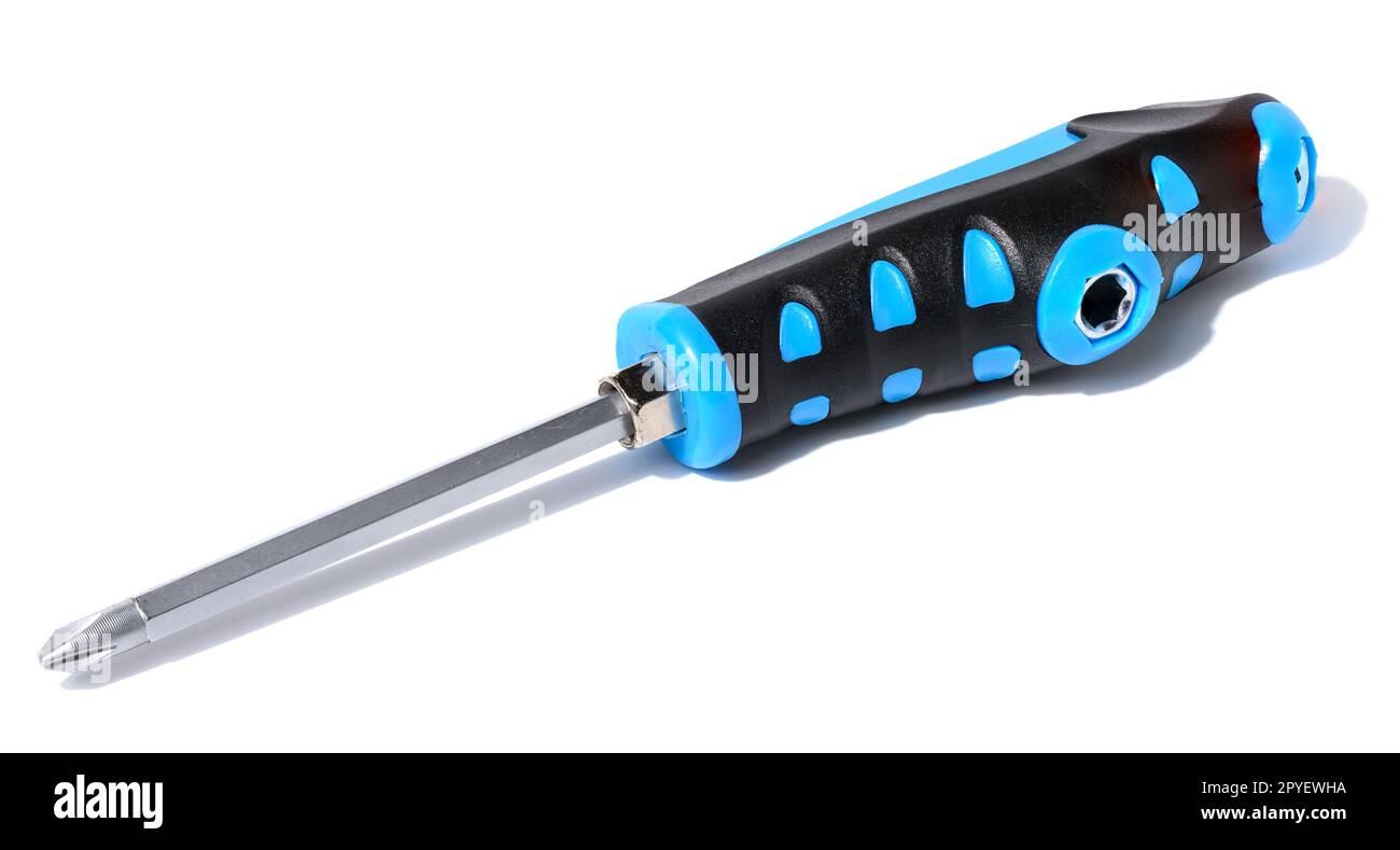 Screwdriver with a rubber handle on a white isolated background, close ...