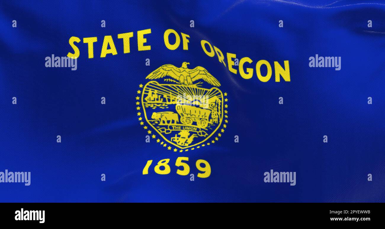 Close-up of the Oregon state flag waving. The Oregon flag is two-sided ...