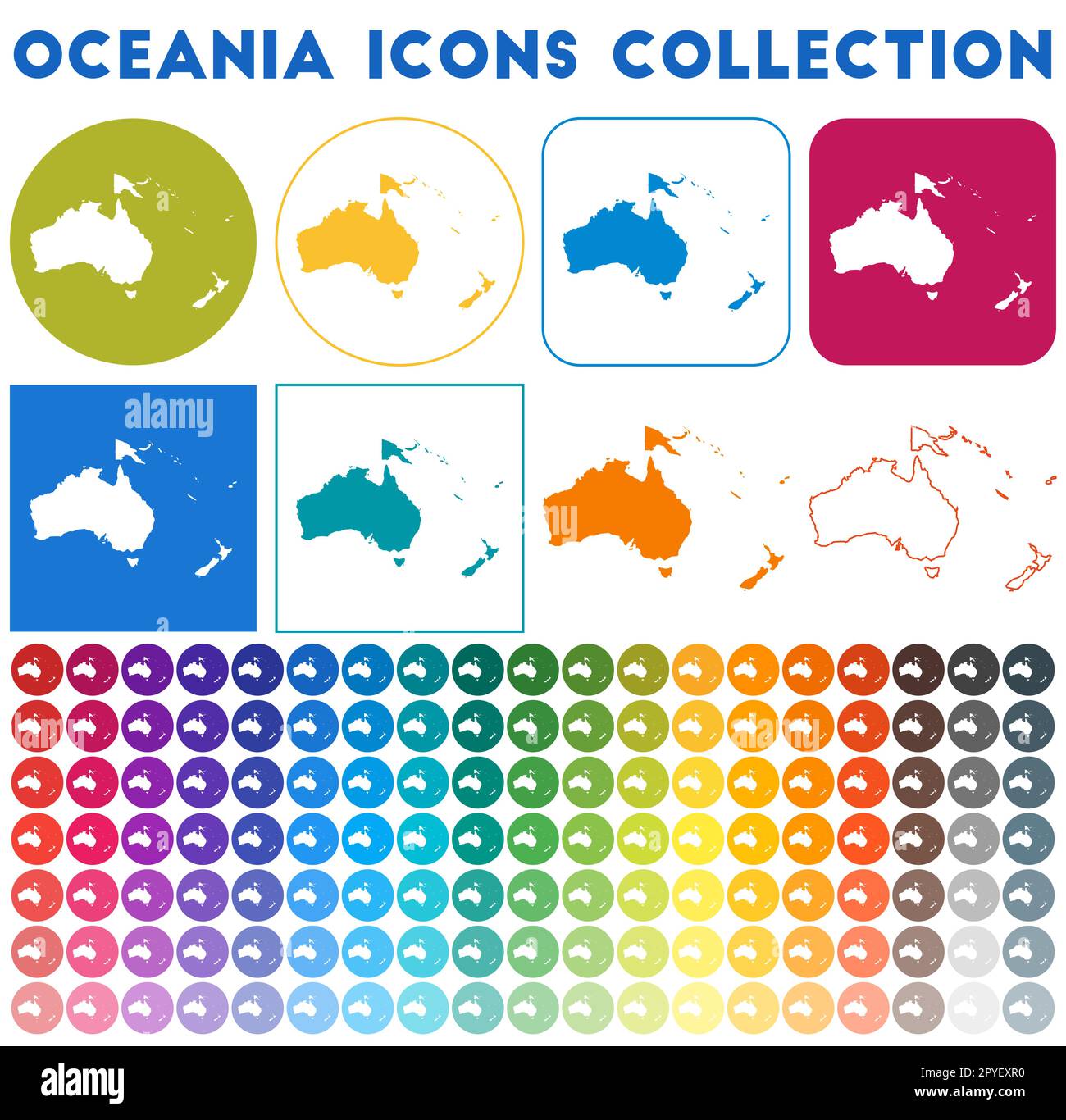 Oceania icons collection. Bright colorful trendy map icons. Modern ...