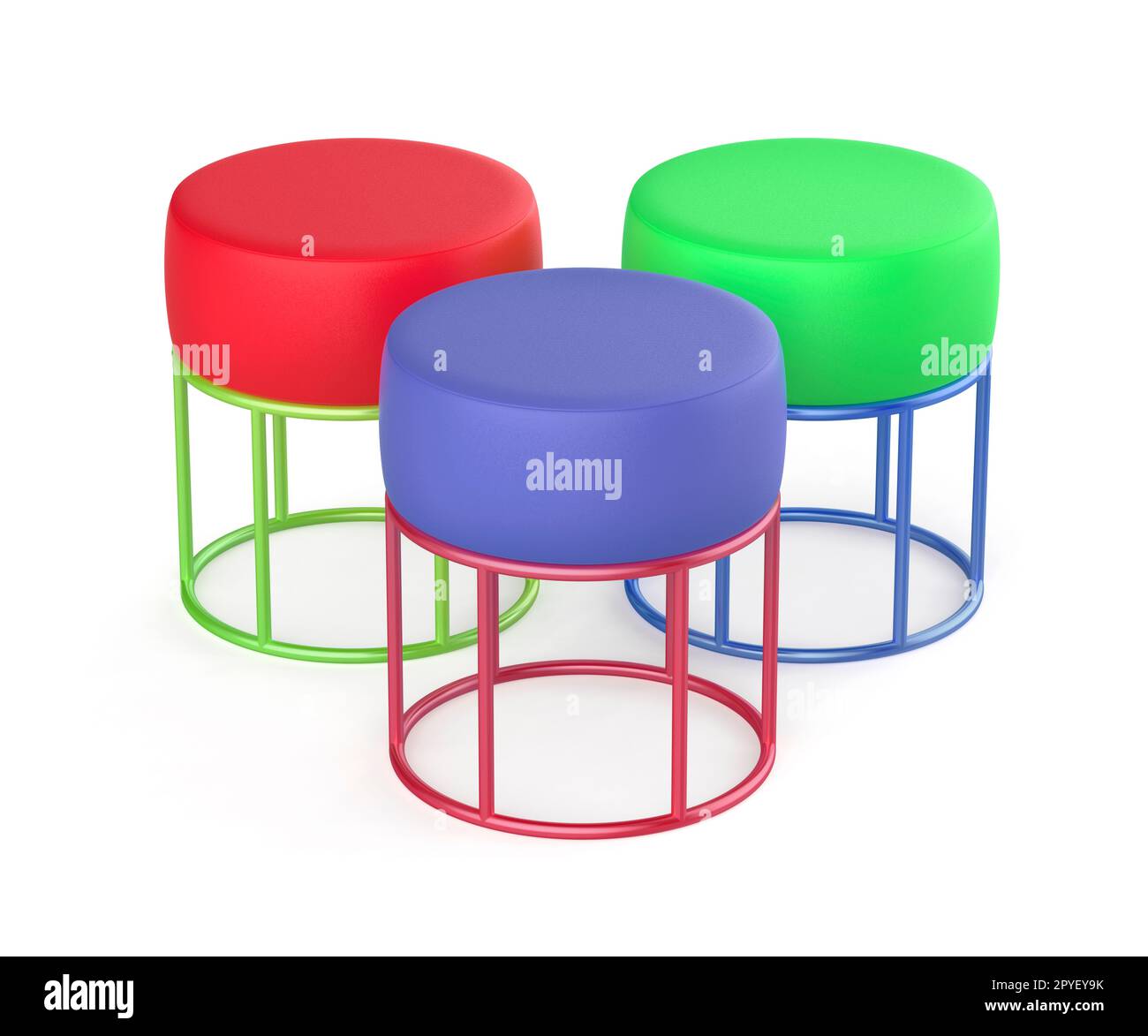 Three stools with different colors on white background Stock Photo - Alamy
