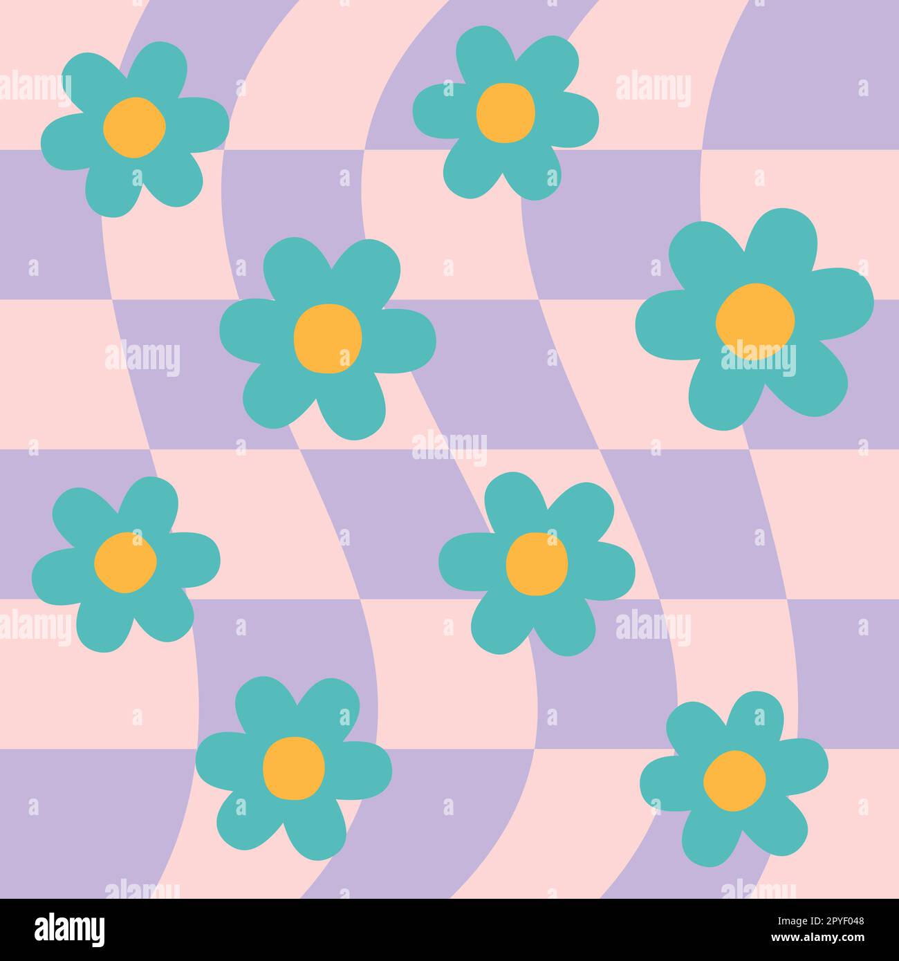 Vector seamless pattern of groovy retro checkered texture with flowers ...