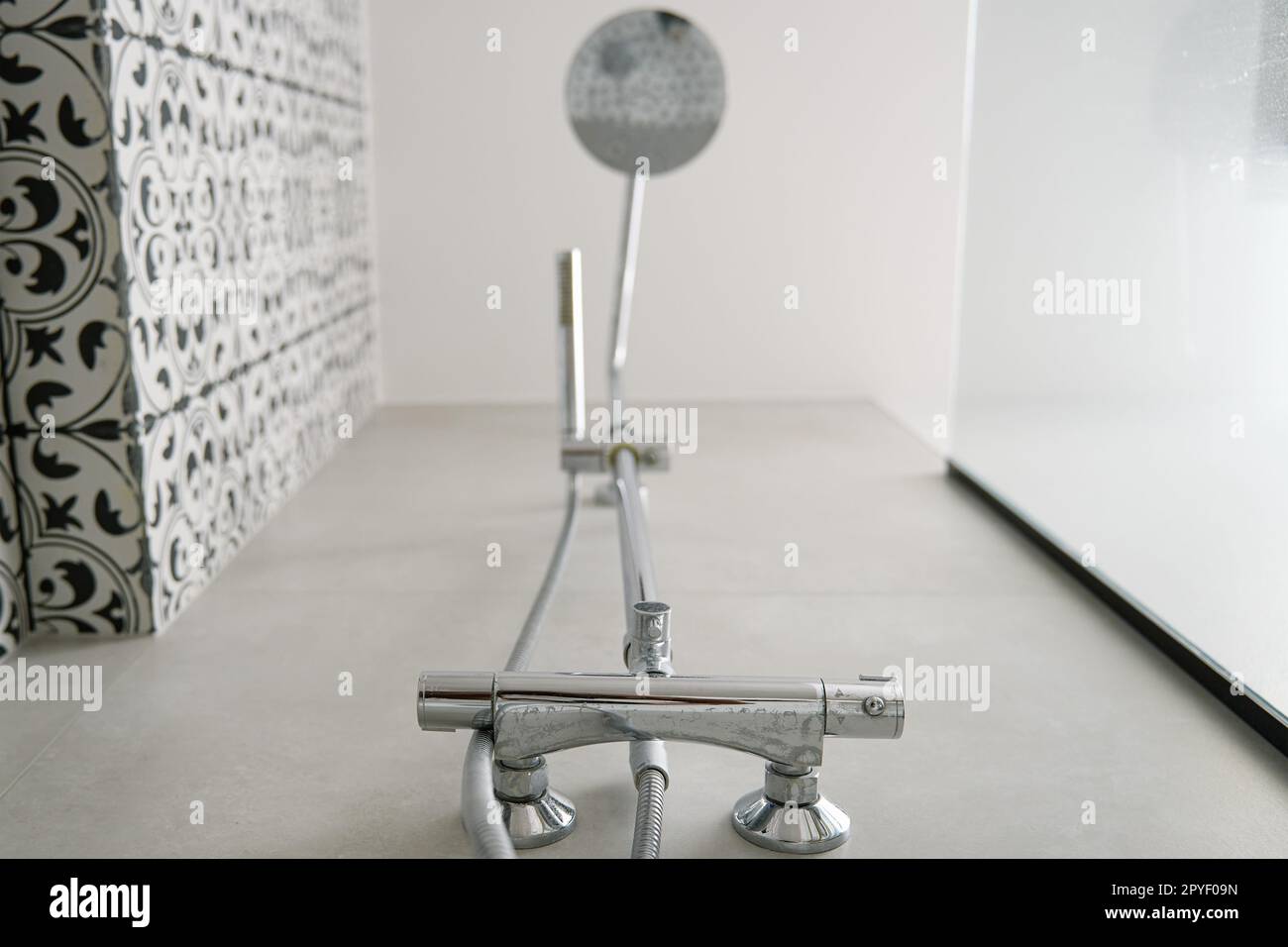 Modern shower set in bathroom interior. Hygiene concept Stock Photo - Alamy