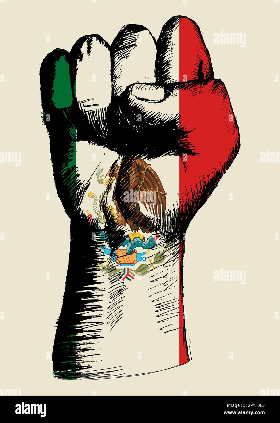 Sketch illustration of a fist with Mexico insignia Stock Photo - Alamy