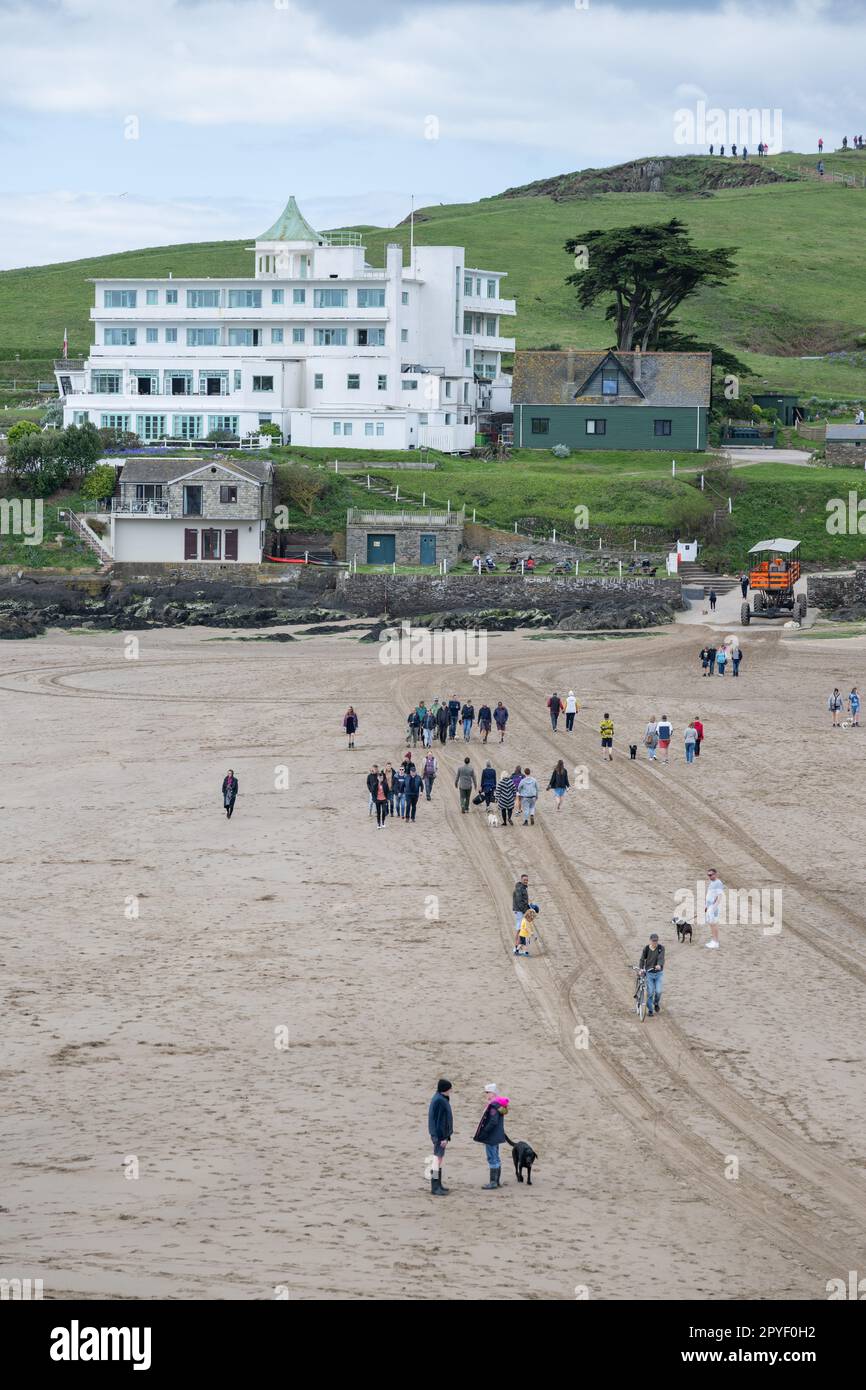 Bigbury on Sea beach with art deco Burgh Island Hotel in the distance ...