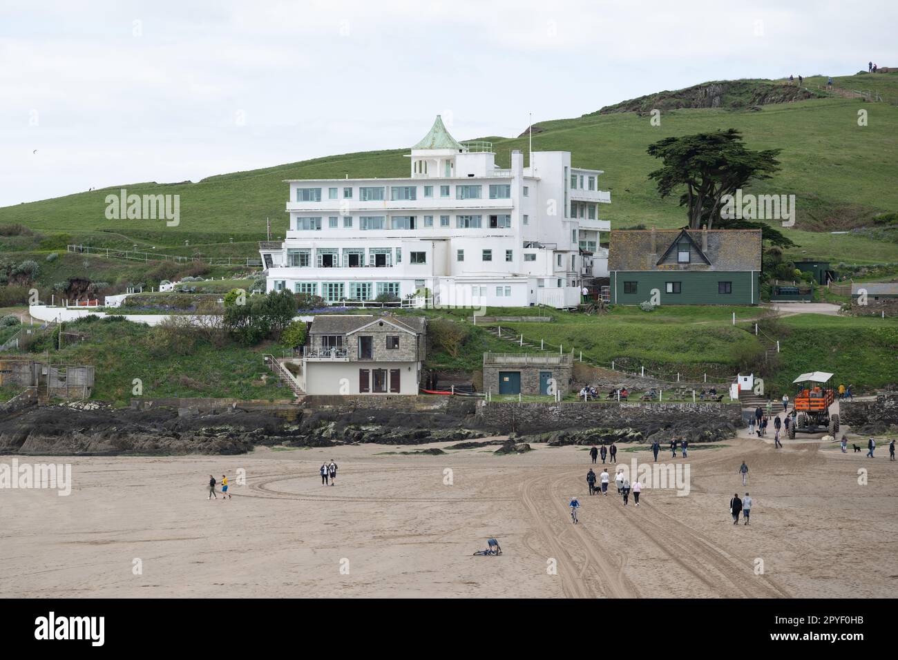 Bigbury on Sea beach with art deco Burgh Island Hotel in the distance ...