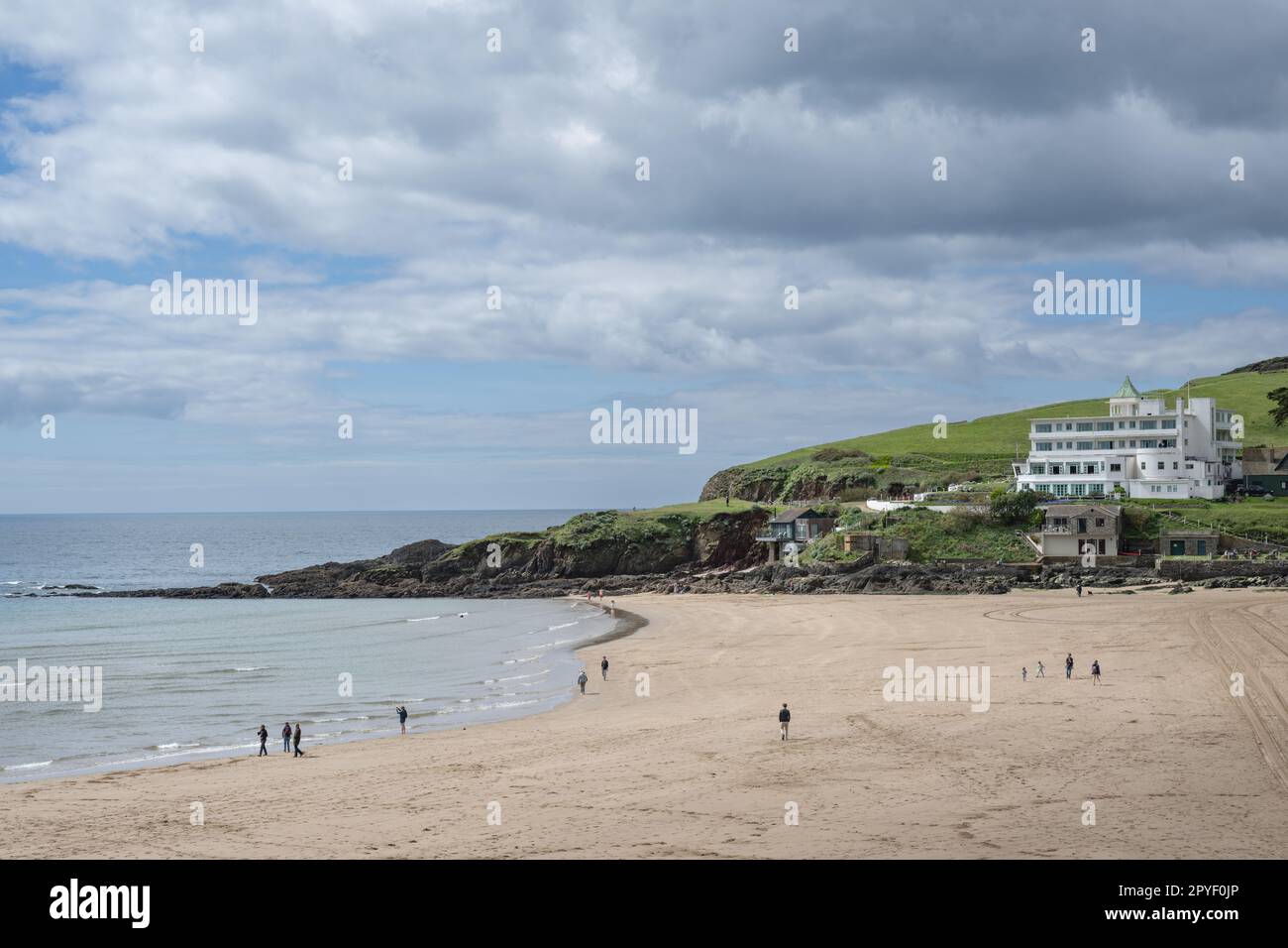 Bigbury on Sea beach with art deco Burgh Island Hotel in the distance ...