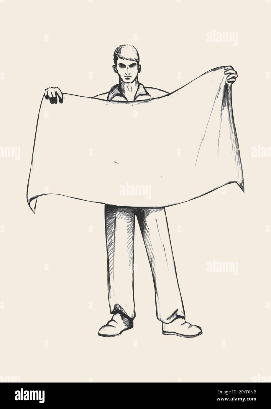Sketch illustration of a person holding a blank banner Stock Photo - Alamy