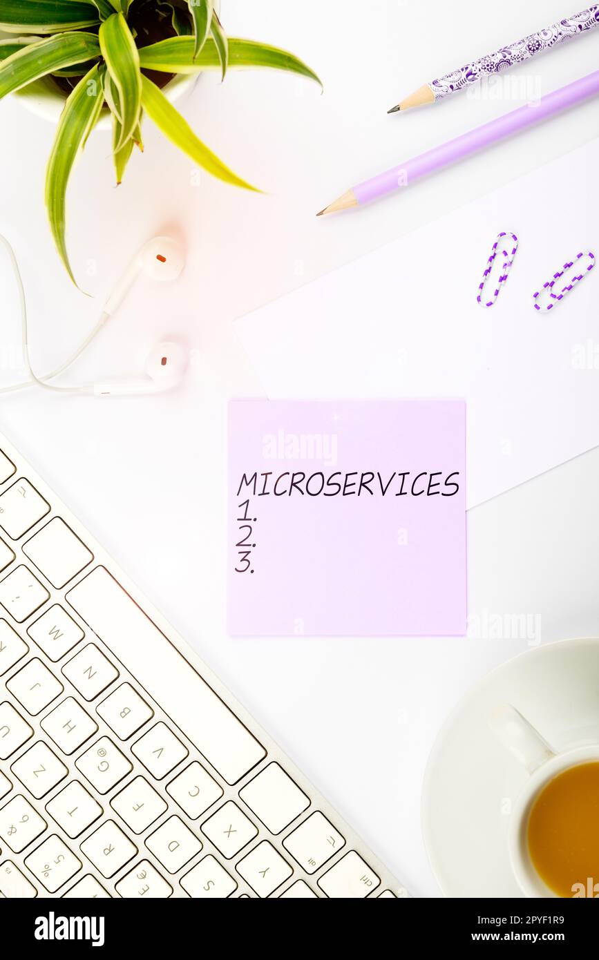 Text sign showing Microservices. Word Written on Software development technique Building single ...