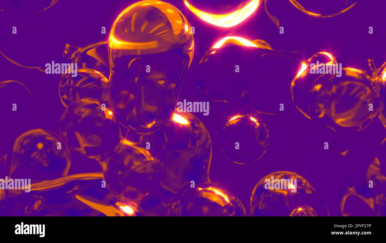 goldish limpid fluid metaspheres floating on purple bg - abstract 3D ...