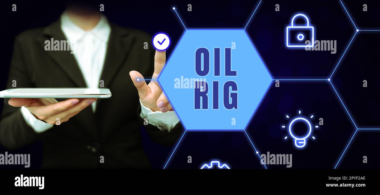 Hand writing sign Oil Rig. Business concept large structure with ...