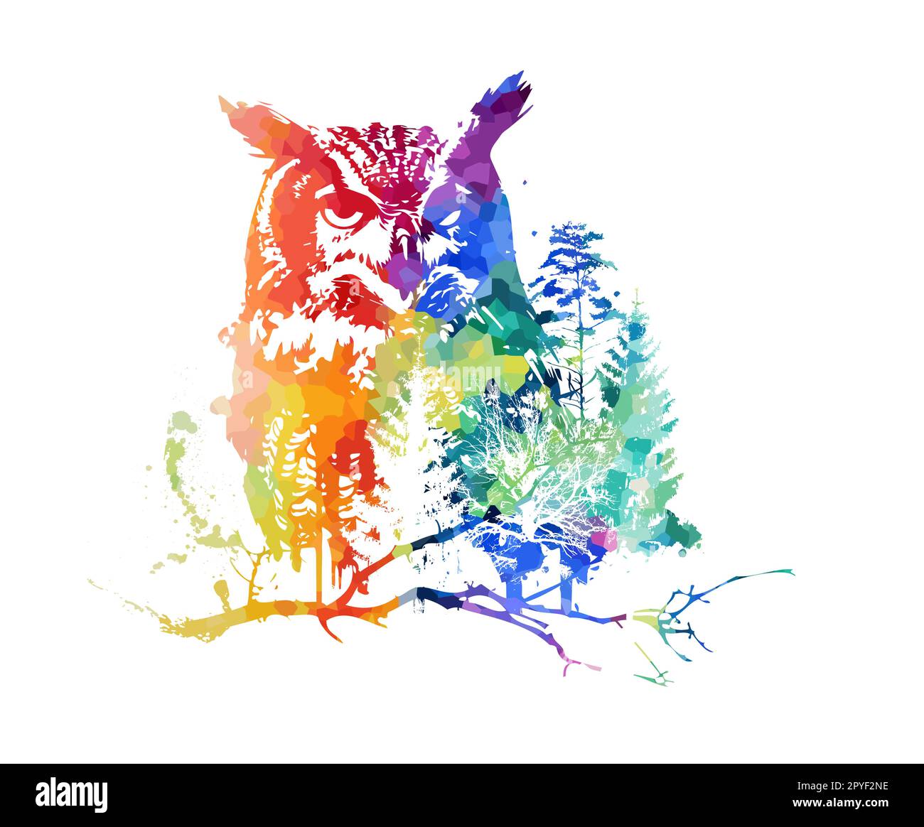 colorful graphic portrait of an owl in the forest. Abstraction trees ...