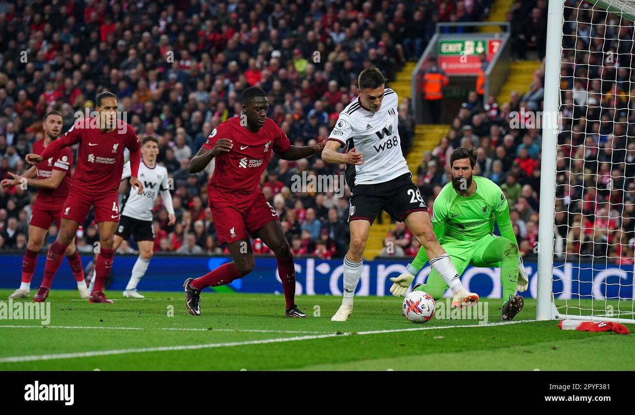 Liverpool goalkeeper Alisson Becker saves a back heel from Fulham’s ...