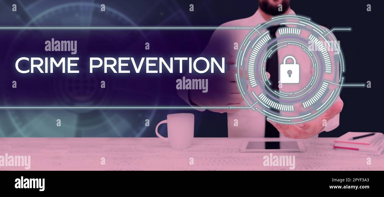 Hand writing sign Crime Prevention. Concept meaning Federal Offense ...