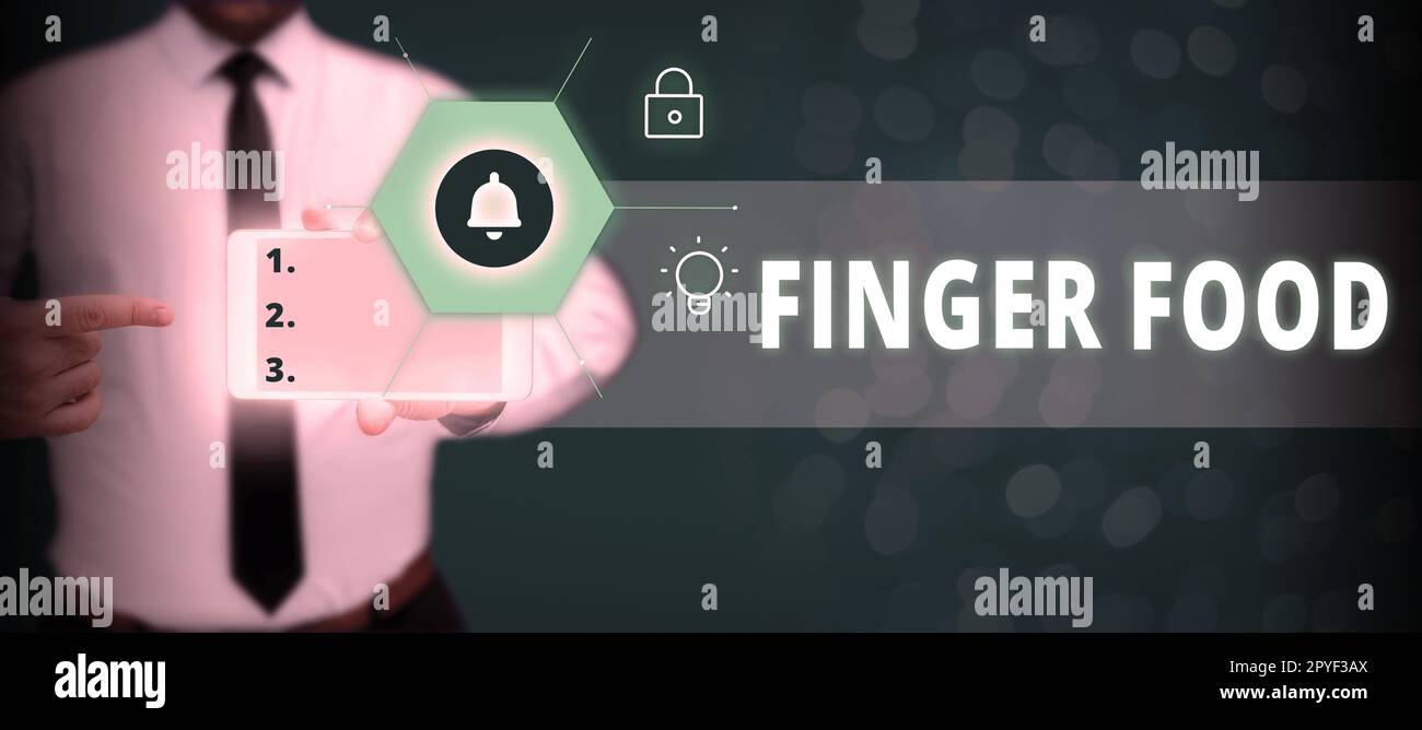 Text sign showing Finger Food. Word Written on products and digestives ...