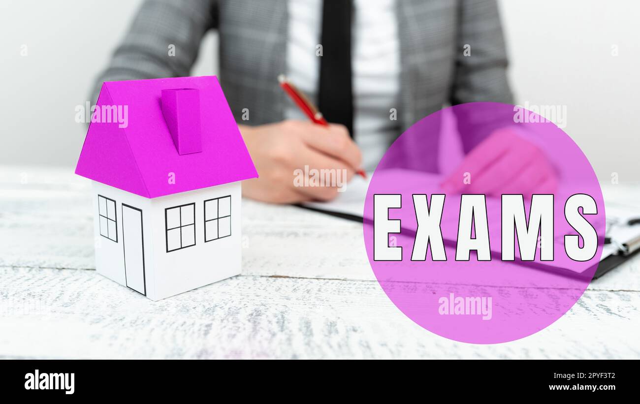 Hand writing sign Exams. Business concept test of a specified kind to ...