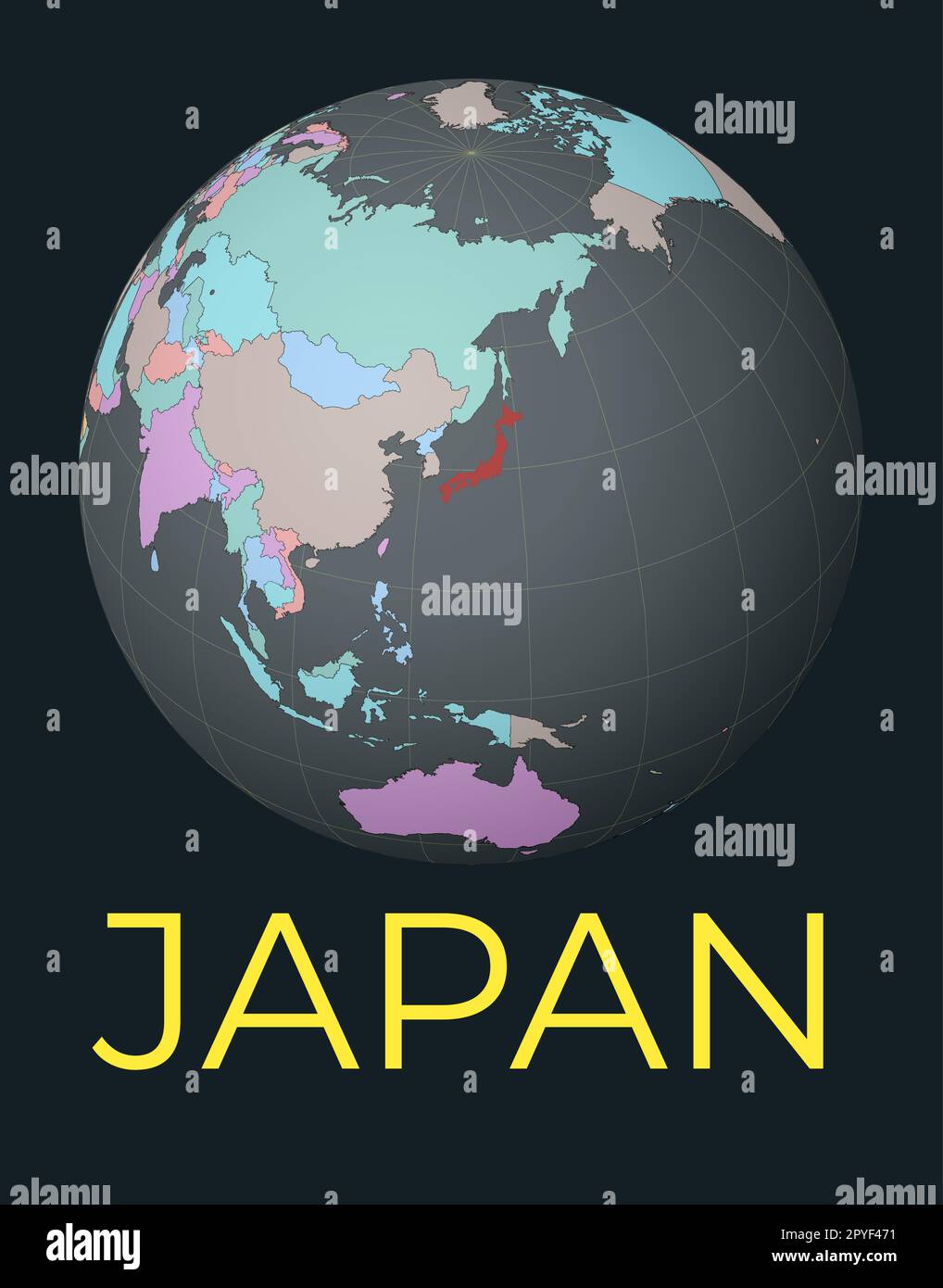 World map centered to Japan. Red country highlighted. Satellite world ...