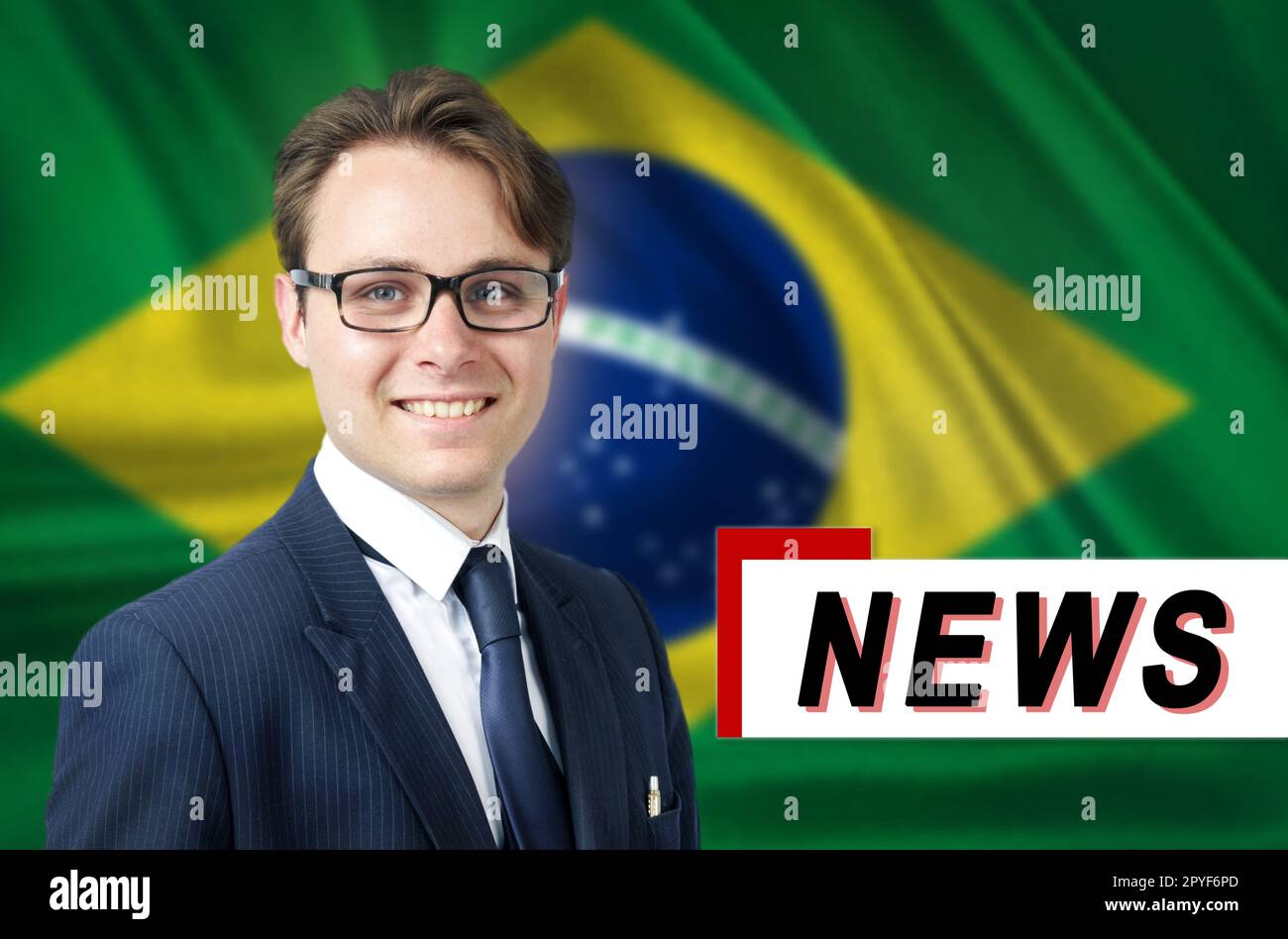 News anchor, tells the latest news, smiling, against the background of ...