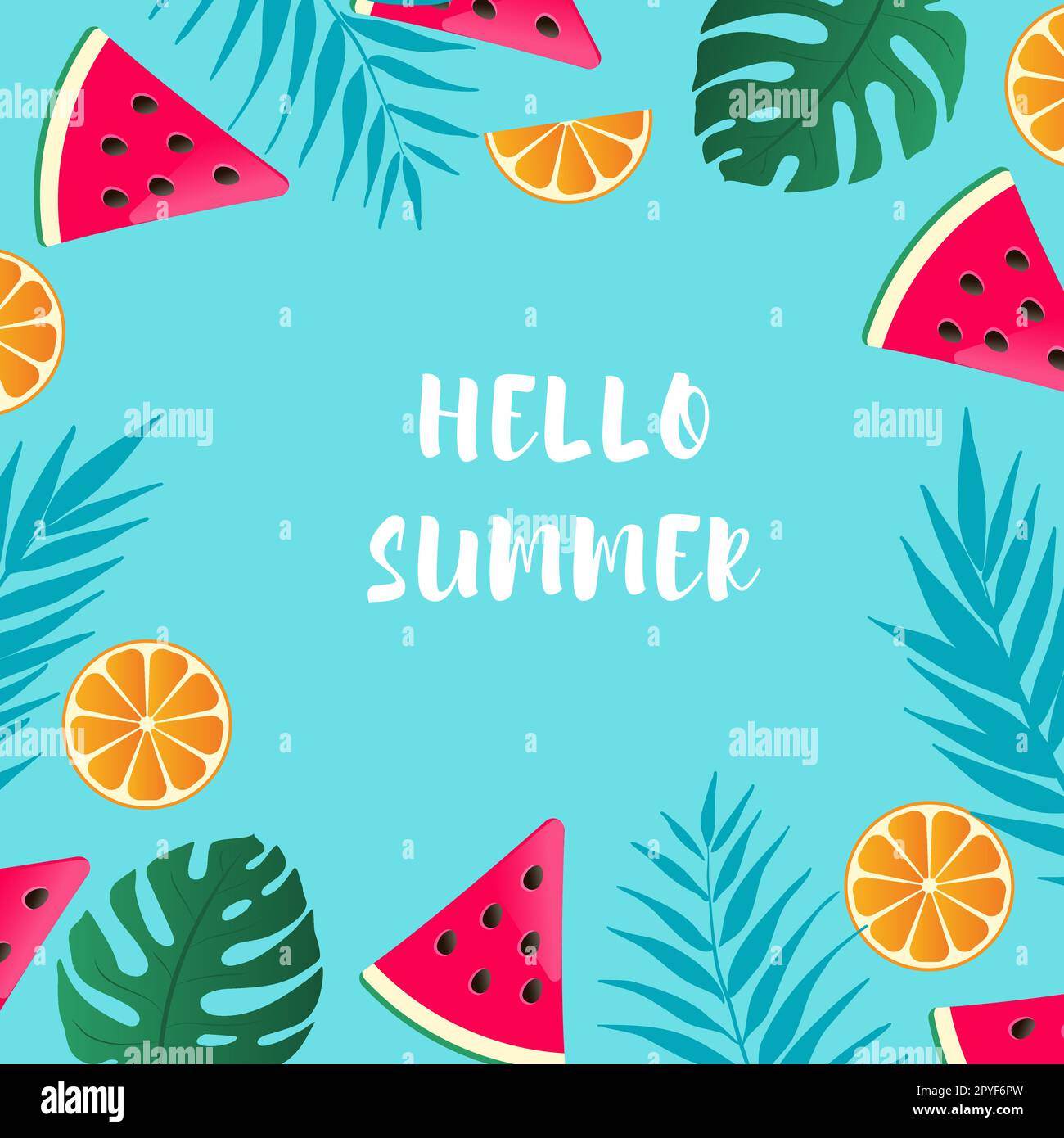 Hello summer banner with watermelon, oranges and palm leaves. Vector ...