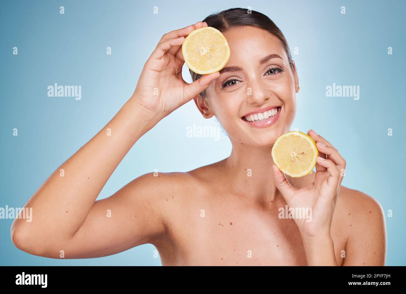 Woman, lemon and smile portrait for natural beauty wellness, health product and cosmetics ...