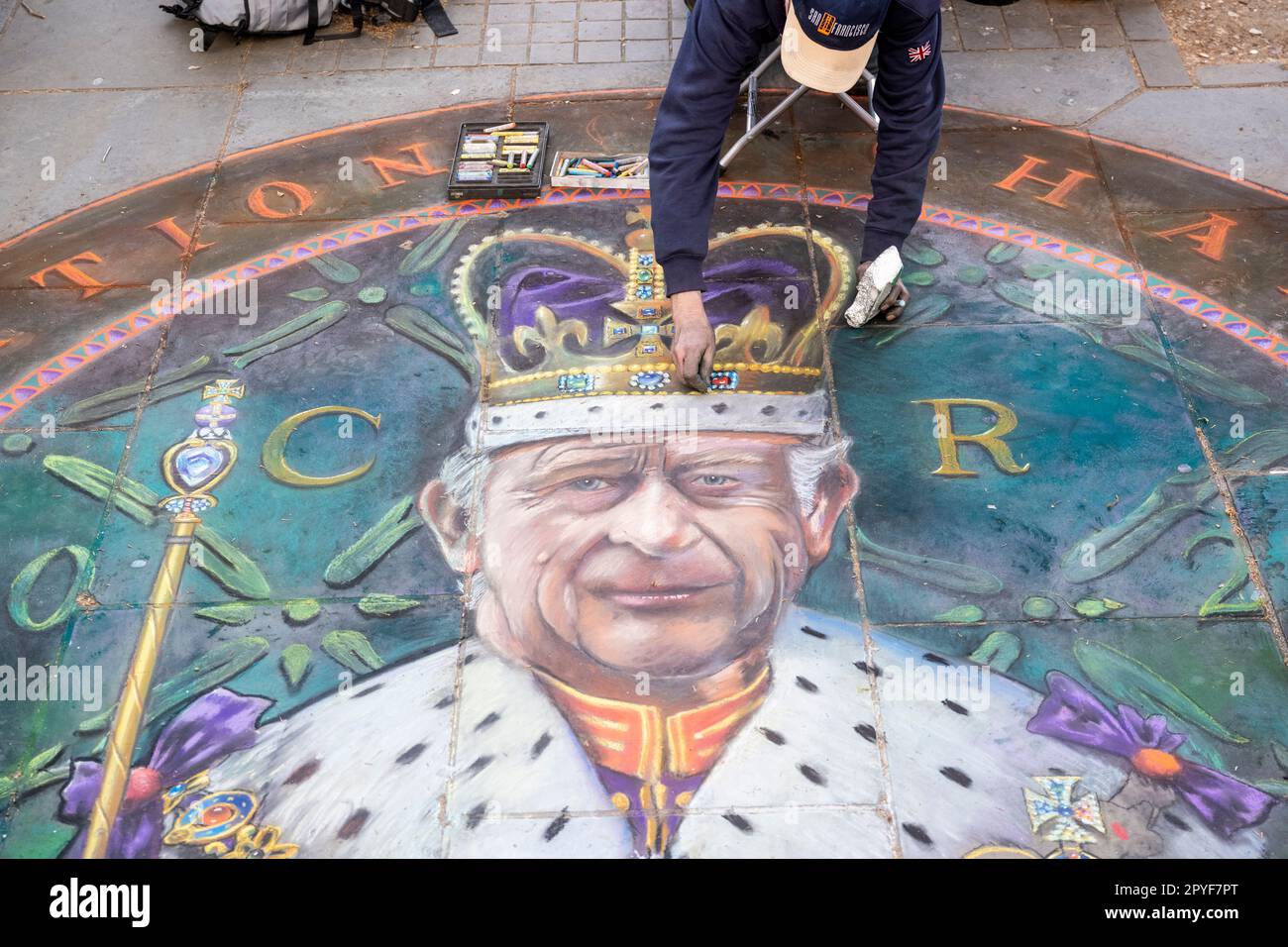 London, UK. 3 May 2023. Pavement chalk artist Julian Beever works on ...