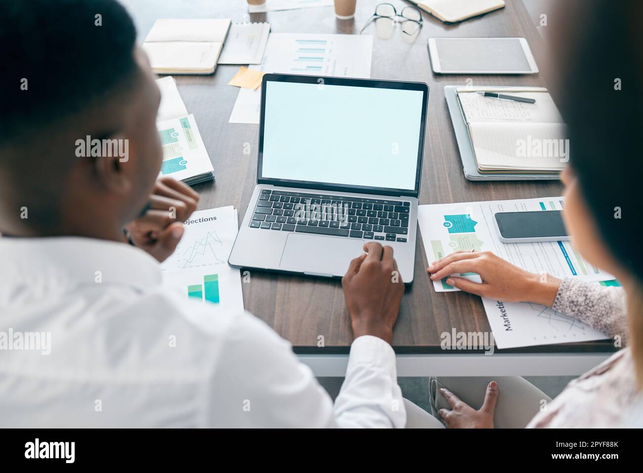 Business, screen and laptop for people, typing and digital marketing ...