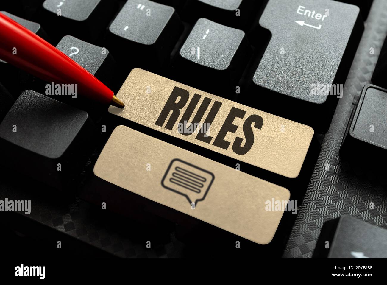 Text caption presenting Rules. Business overview the laws or ...