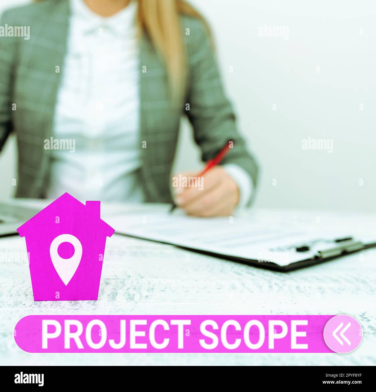 Handwriting text Project Scope. Word for evaluation of work efforts a product development ...