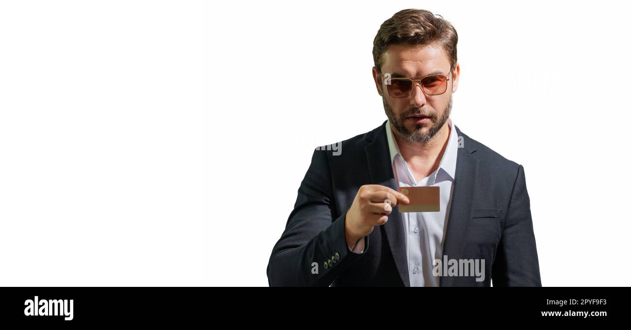 Credit card. Caucasian millennial successful 40s business man holding ...