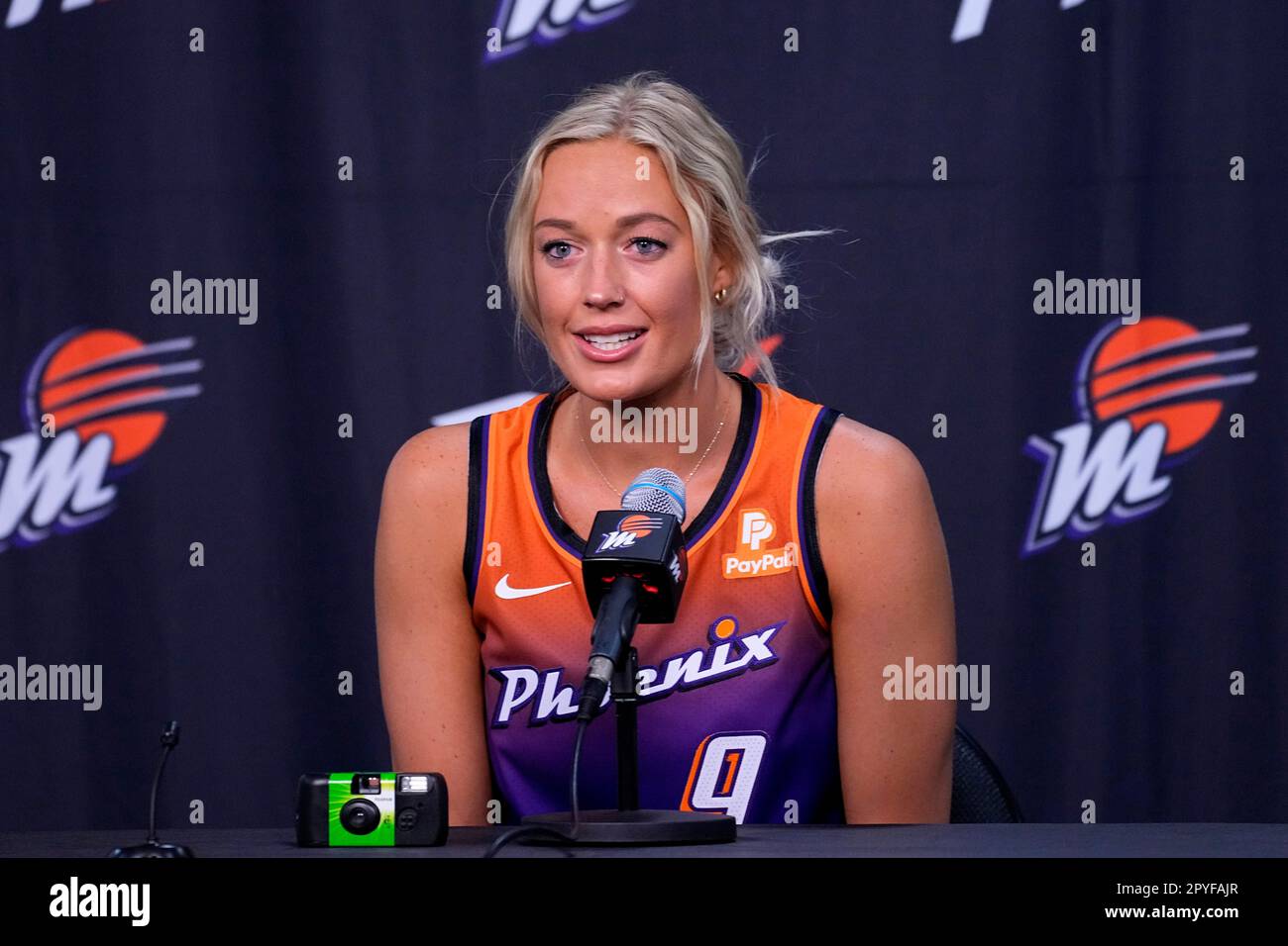 Phoenix Mercury guard Sophie Cunningham speaks during the WNBA basketball teams' media day ...