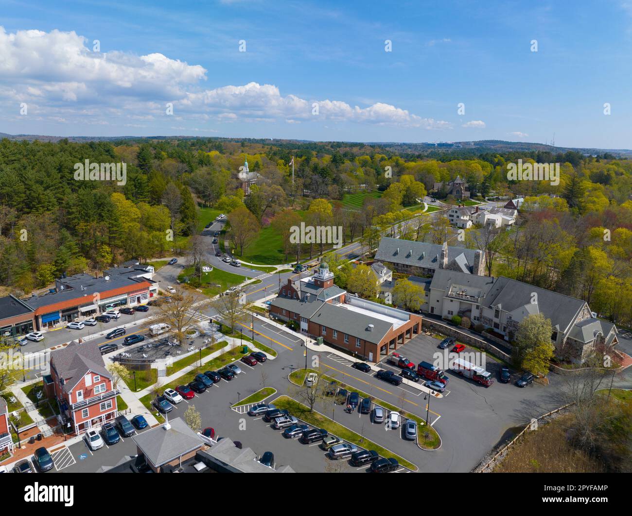 Weston historic town center aerial view in spring including Town Hall ...