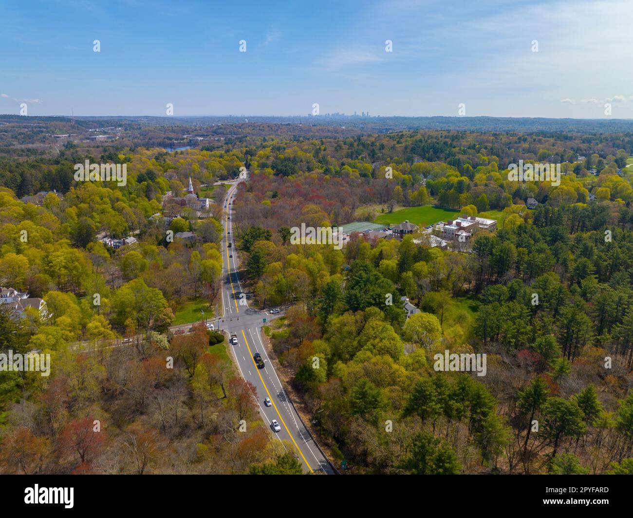 Boston Post Road on US Highway 20 aerial view with Boston Modern city ...