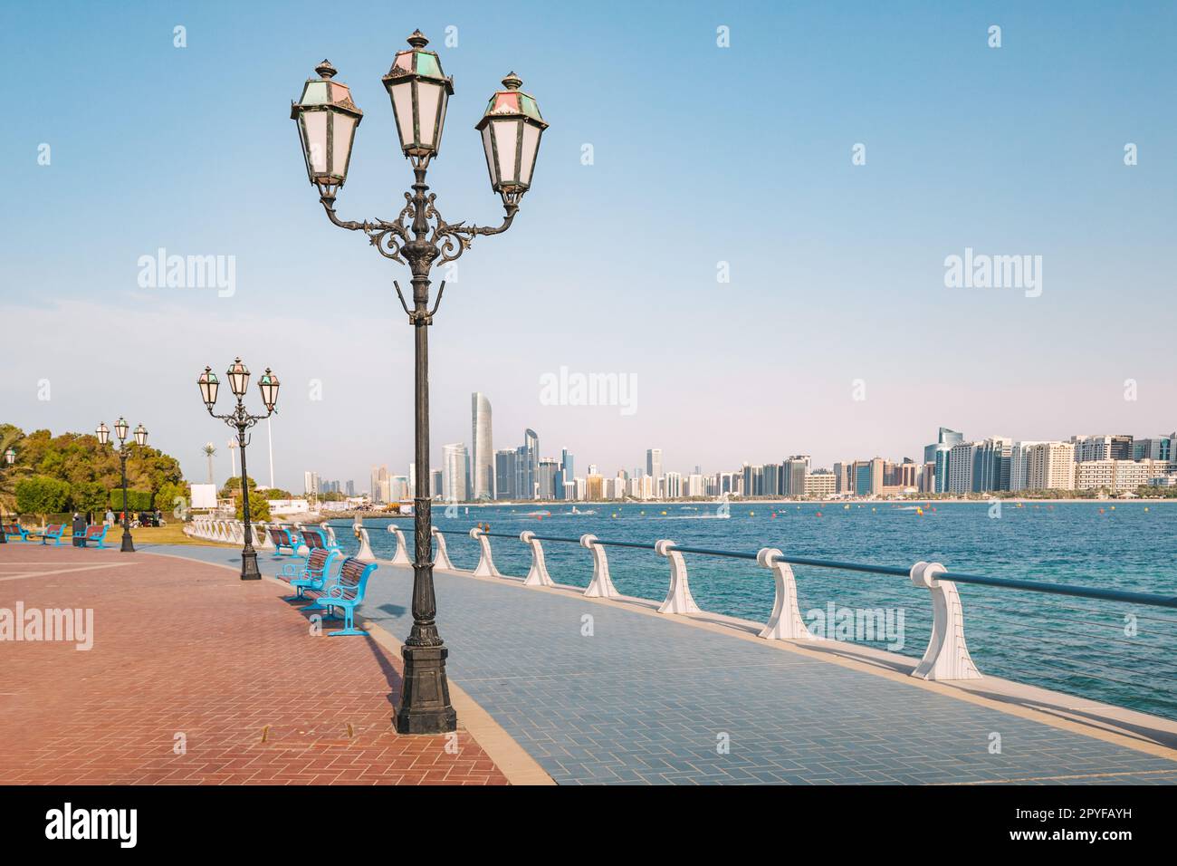 towering skyscrapers that dot Abu Dhabi UAE city embankment line with ...